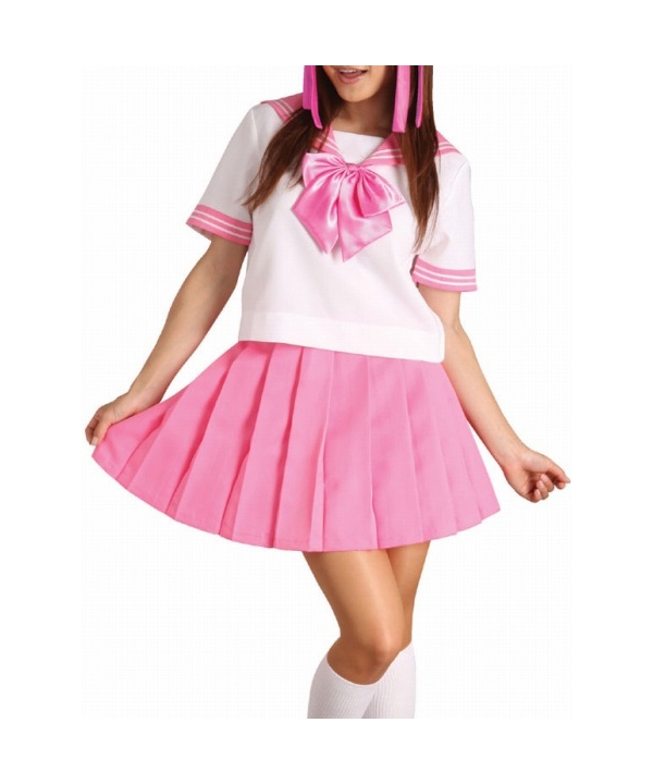 Pink Bowknot Short Sleeves School Uniform Cosplay Costume