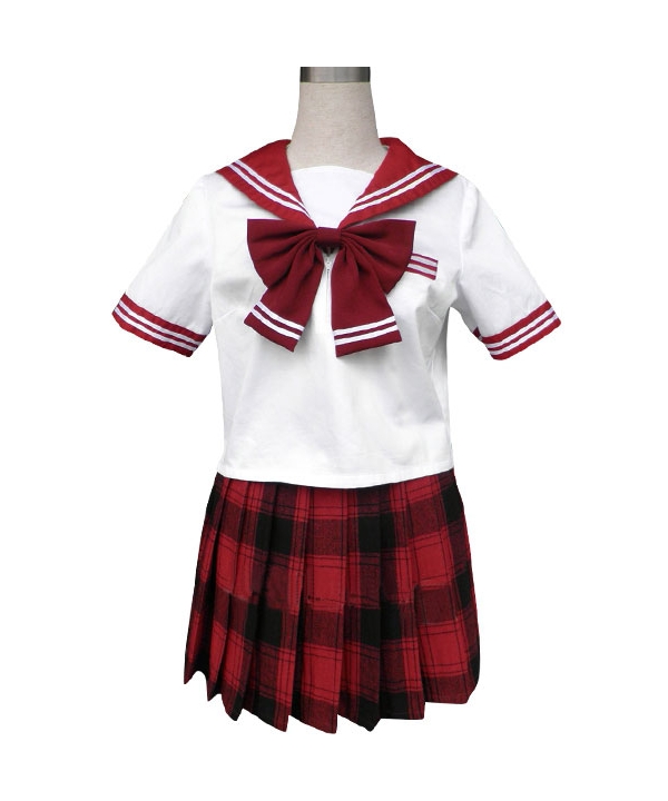 Red Short Black Short Sleeves Grid Skirt Sailor Uniform Cosplay Costume