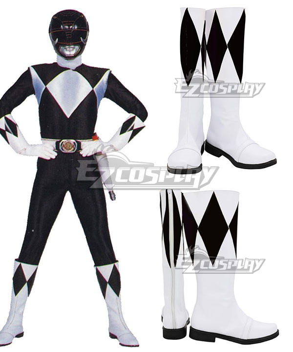 Mighty Morphin Power Rangers Black Ranger Black White Shoes Cosplay Boots
